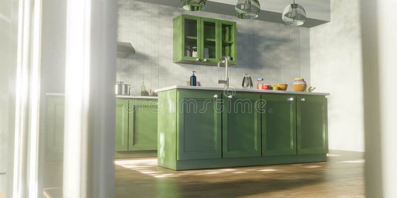 3d Render of Kitchen in Morning for Indoor Interior Design Concept ...