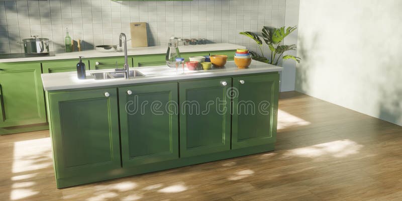 3d Render of Kitchen in Morning for Indoor Interior Design Concept ...