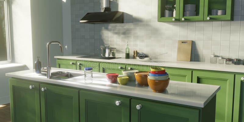 3d Render of Kitchen in Morning for Indoor Interior Design Concept ...