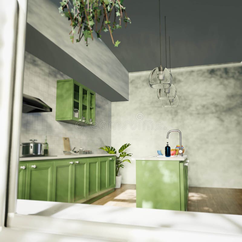 3d Render of Kitchen in Morning for Indoor Interior Design Concept ...