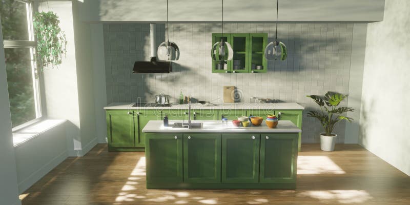 3d Render of Kitchen in Morning for Indoor Interior Design Concept ...