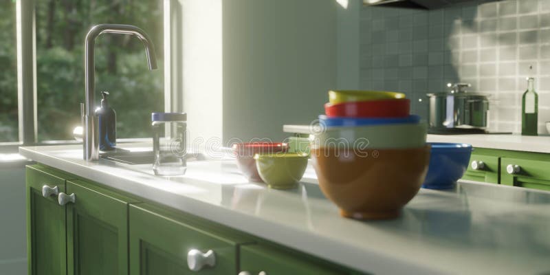 3d Render of Kitchen in Morning for Indoor Interior Design Concept ...