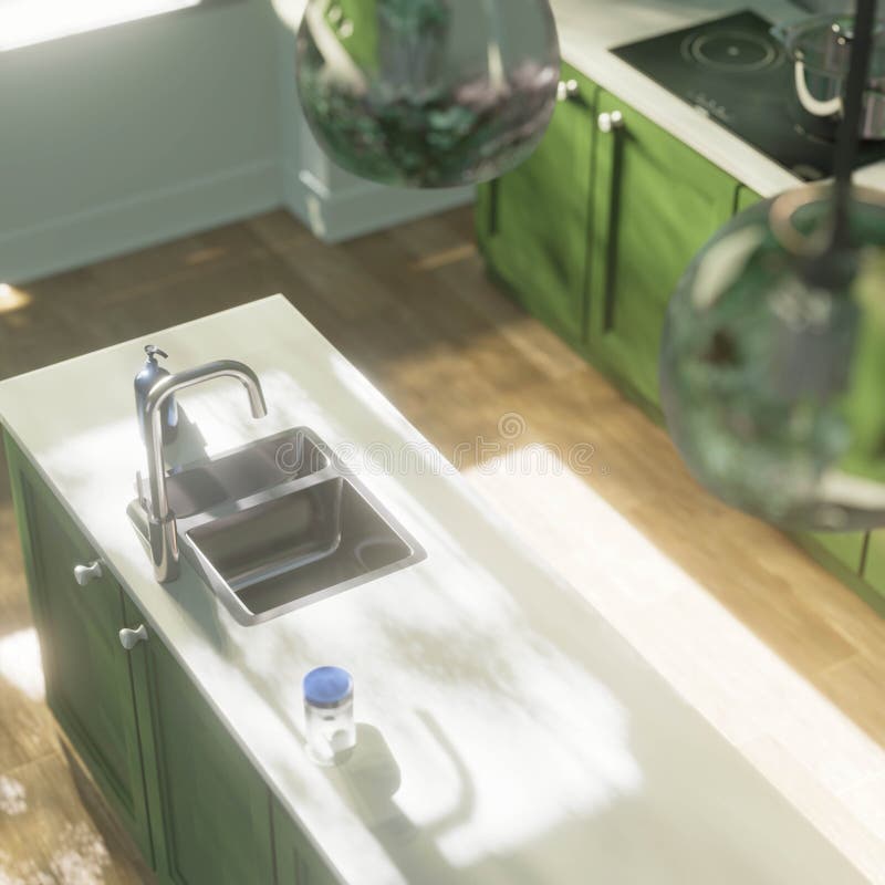 3d Render of Kitchen in Morning for Indoor Interior Design Concept ...