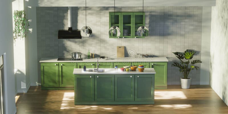 3d Render of Kitchen in Morning for Indoor Interior Design Concept ...