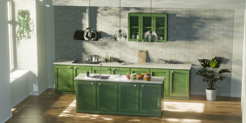 3d Render of Kitchen in Morning for Indoor Interior Design Concept ...