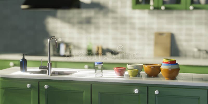 3d Render of Kitchen in Morning for Indoor Interior Design Concept ...
