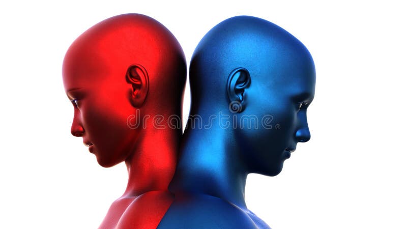 3d Render. Merger of a Male Blue Head and a Red Female Head on a White ...