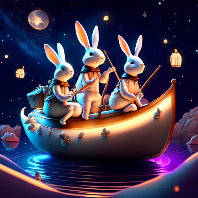 3D Render of Three Rabbits Riding a Boat on the Moon Generative AI ...