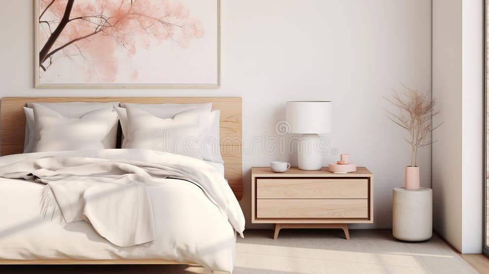 3d Rendering of a Bedroom with White Bed and Floating End Table Stock ...