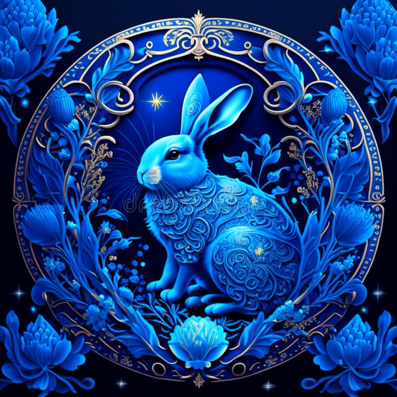 3D Rendering of a Blue Rabbit on a Blue Background with Floral Ornament ...