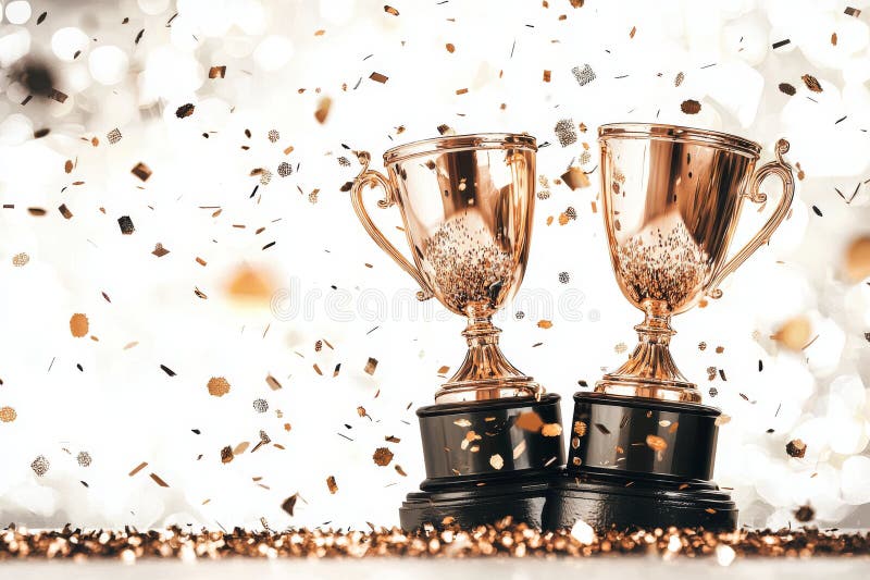3D Rendering of Bronze Trophies on White Backgrounds with Confetti ...