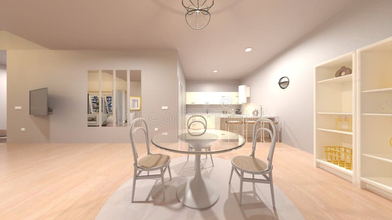 3D Rendering of the Dining Room with Night View Stock Illustration ...