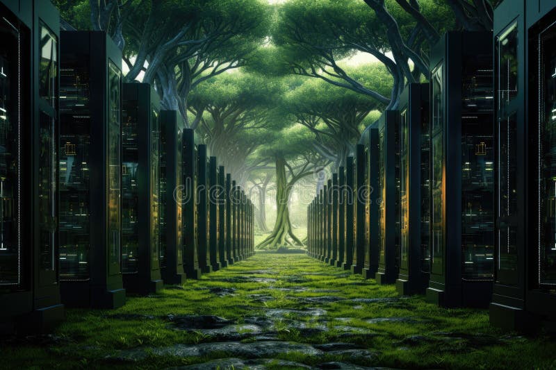 3d Rendering of a Green Corridor with Trees and Lights in the ...