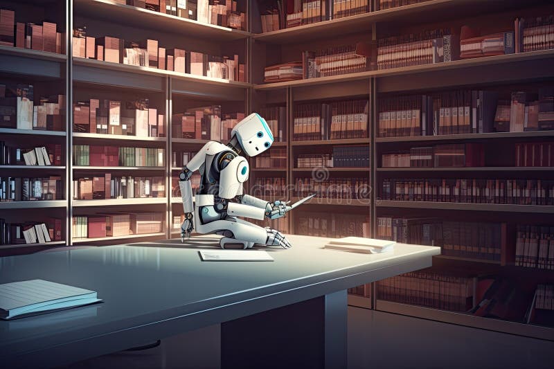 3d Rendering Humanoid Robot Working In A Library With Bookshelf An Ai Robot Librarian Stocking