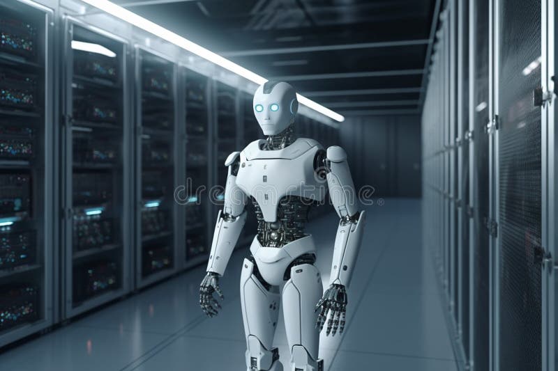 3d Rendering Humanoid Robot Working In Server Room Or Datacenter Stock Illustration
