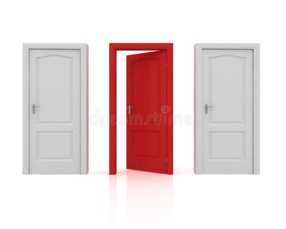 3d Rendering of Three Doors, One Open and Two Clos Stock Illustration ...