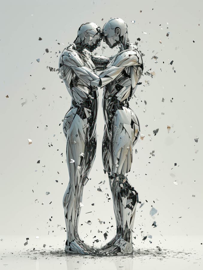 3d Rendering of Two Statues of Silver Humanoid Androids Hugging Each ...