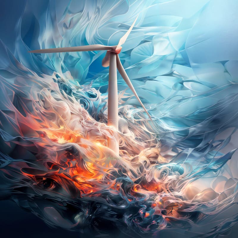 3d Rendering of a Wind Turbine in Flames on a Blue Background ...