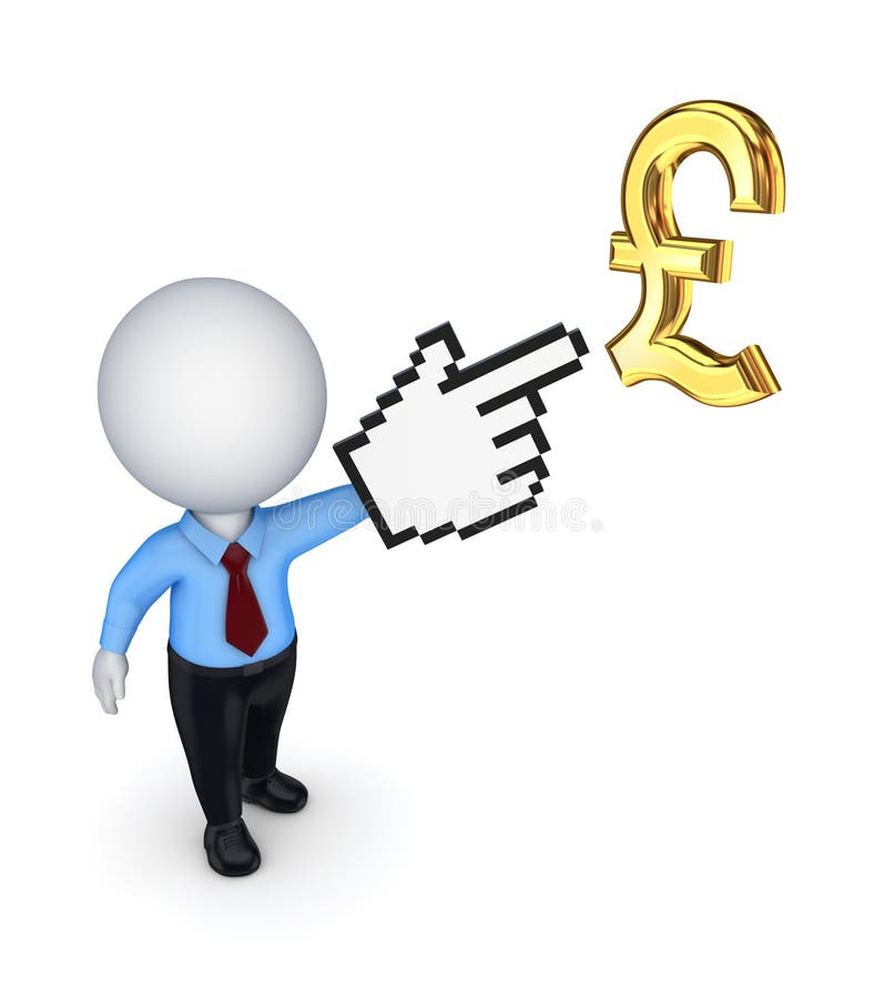 3d Small Person Pointing To Pound Sterling Symbol. Stock Illustration ...