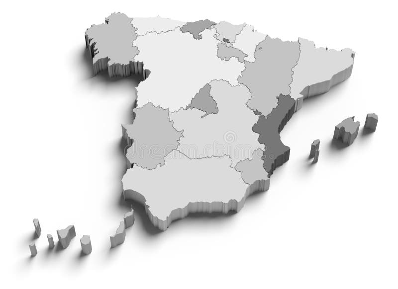 3d Spain grey map on white stock illustration. Illustration of melilla ...