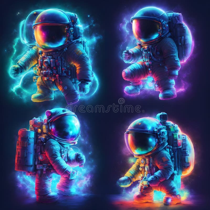 4 Sets of Astronaut in Space Suit. on Dark Stock Illustration ...
