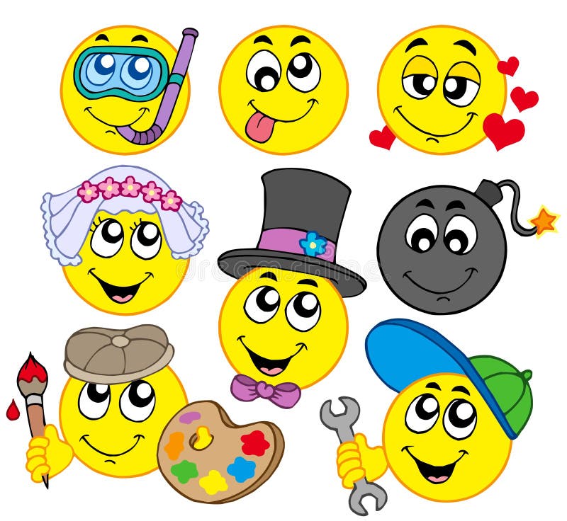 5 olika smileys vektor illustrationer. Illustration av sinnesrörelser ...