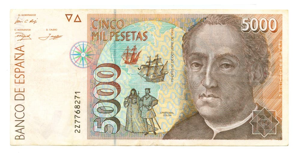 5000 peseta bill of Spain stock photo. Image of figure - 6855788