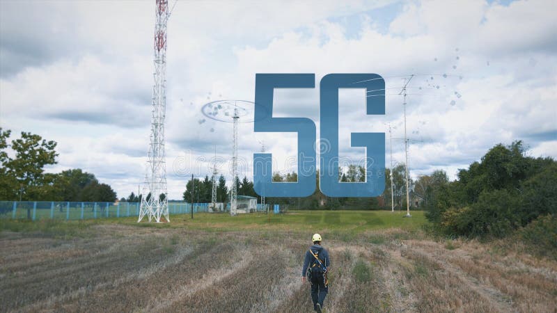 5G Concept Engineer Walking for Maintenance of Telecom Antenna Tower ...