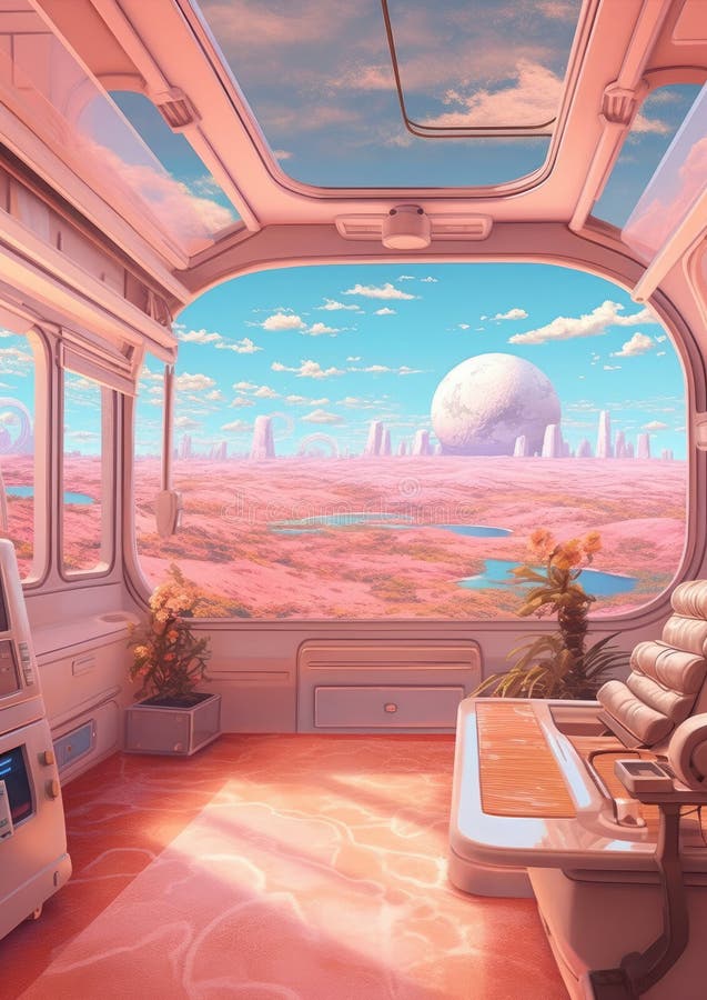 80s Retro Futurism. Panoramic Windows and Breathtaking Space Views ...