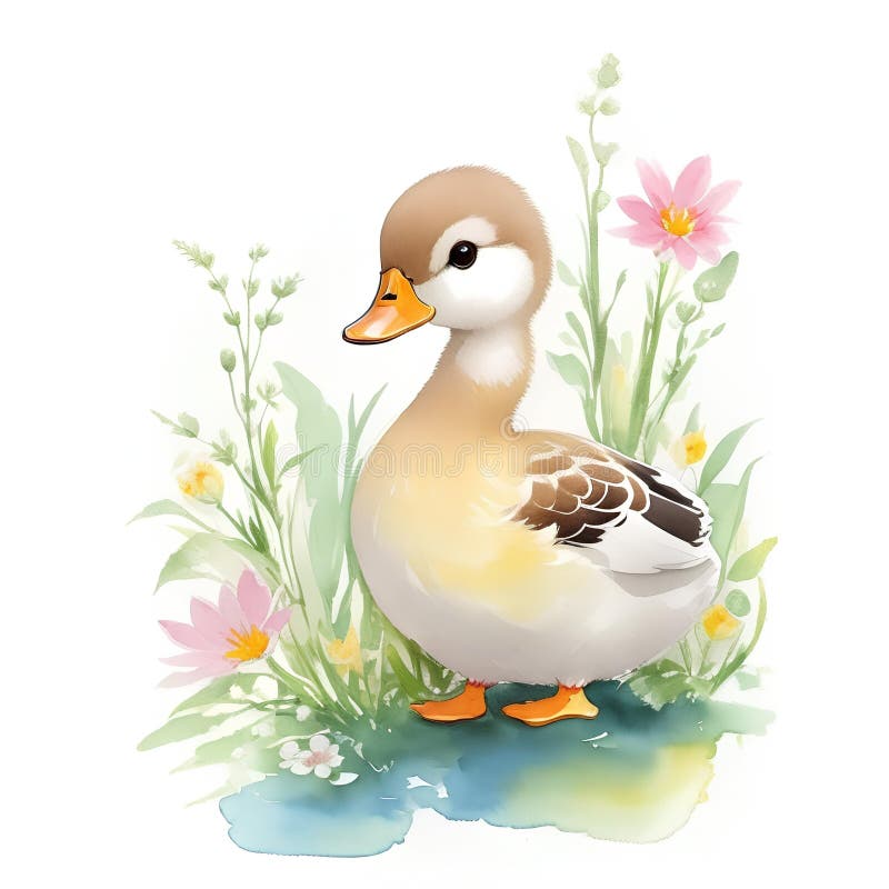 Cute Baby Duck with Flowers Painted in Watercolor Pastel Tone Stock ...