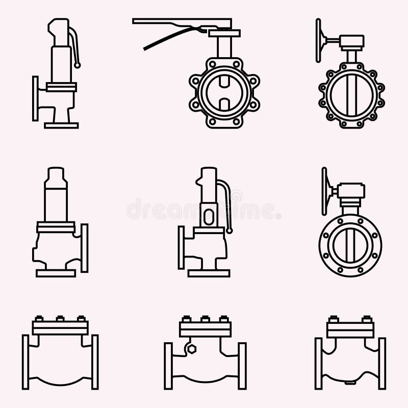 Set of Industrial Valve Icon. Safety, Butterfly and Check Valves. Thin ...