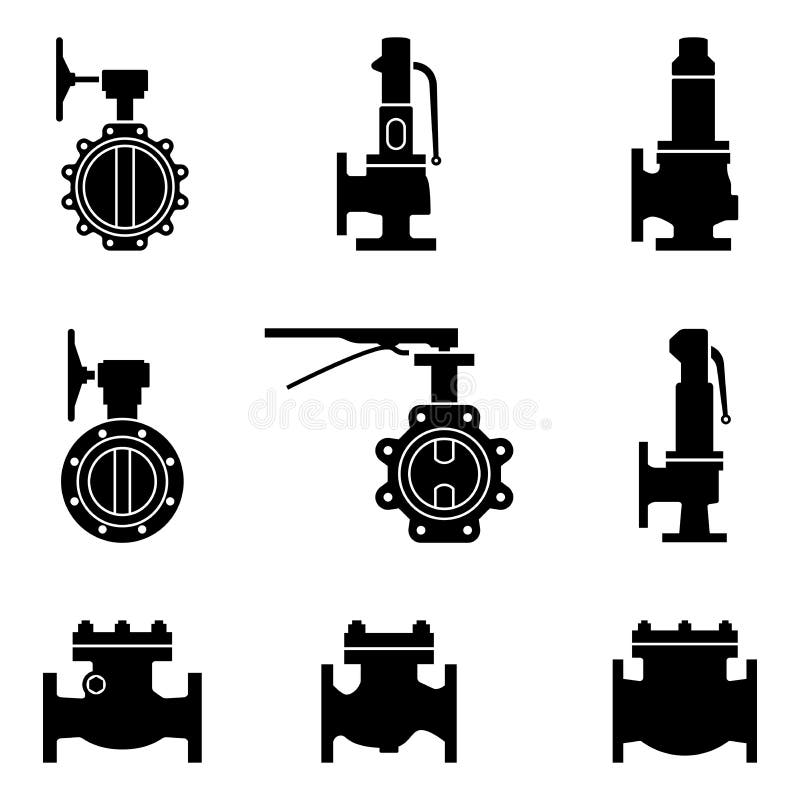 Set of Industrial Valve Icon. Safety, Butterfly and Check Valves ...