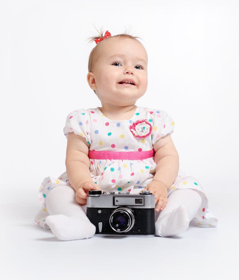 Schattige Baby Met Retrocamera Stock Afbeelding - Image of meisje ...
