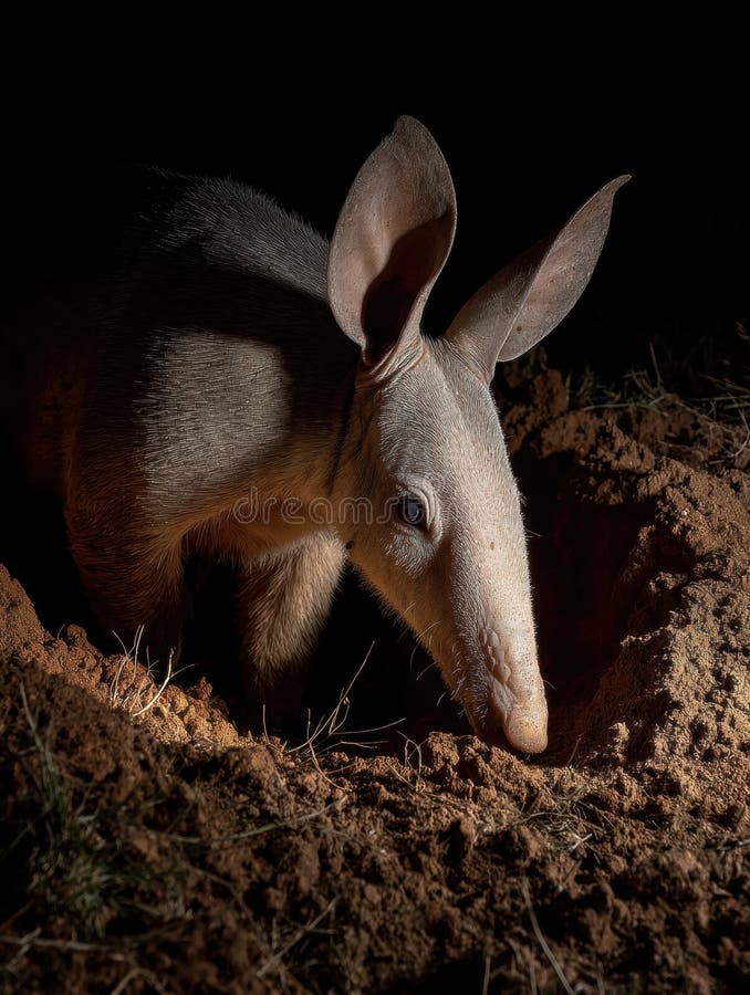 Aardvark Exploring and Digging in the Soil at Night with Dramatic ...