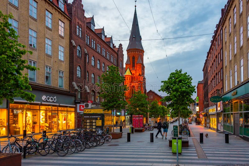 Aarhus, Denmark, June 14, 2022: Night View of a Street in Centra ...