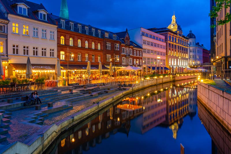 Aarhus, Denmark, June 14, 2022: Nightlife Alongside Central Chan ...