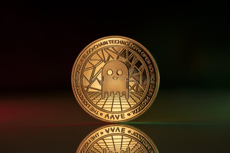 Aave Crypto Coin Placed on Reflective Surface in the Dark Background ...