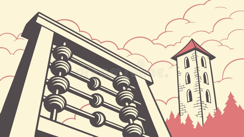 Abacus by an Old Tower in a Rural, Monochromatic Landscape, Vector ...