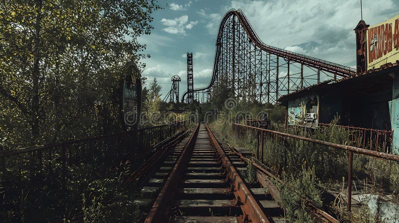 Abandoned Amusement Park with Rusty Roller Coaster Stock Illustration ...