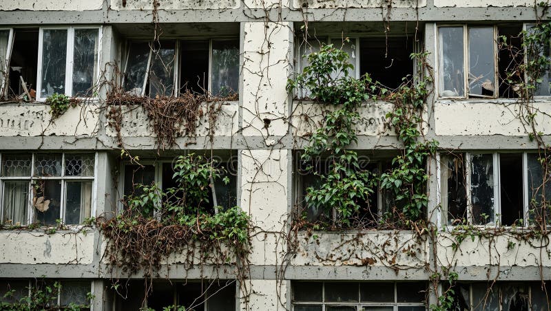 Abandoned Apartment Building with Overgrown Balconies and Shattered ...