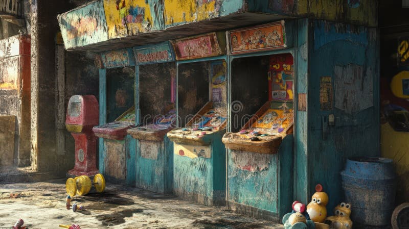 Abandoned Arcade Games Row in Decaying Building Stock Photo - Image of ...