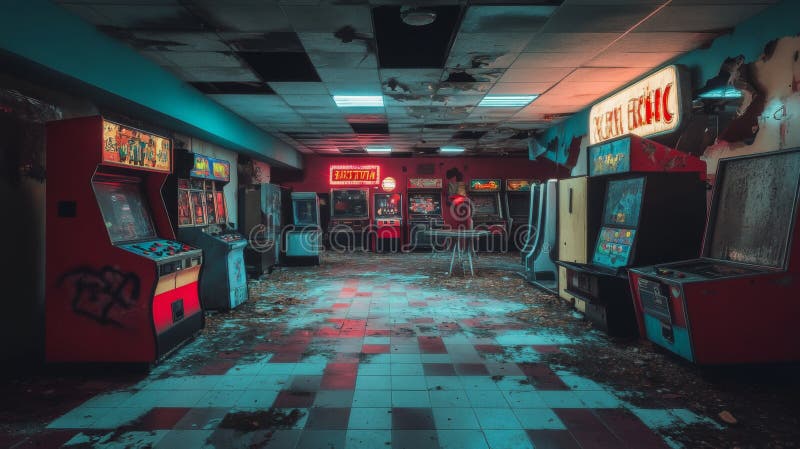 Abandoned Arcade with Neon Signs and Damaged Ceiling Stock Illustration ...