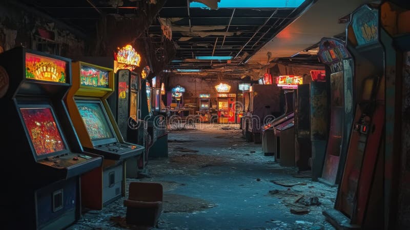 Abandoned Arcade with Row of Vintage Pinball Machines Stock ...
