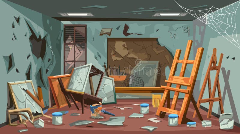 Abandoned Art Studio with Broken Frames and Dusty Surfaces Stock Vector ...