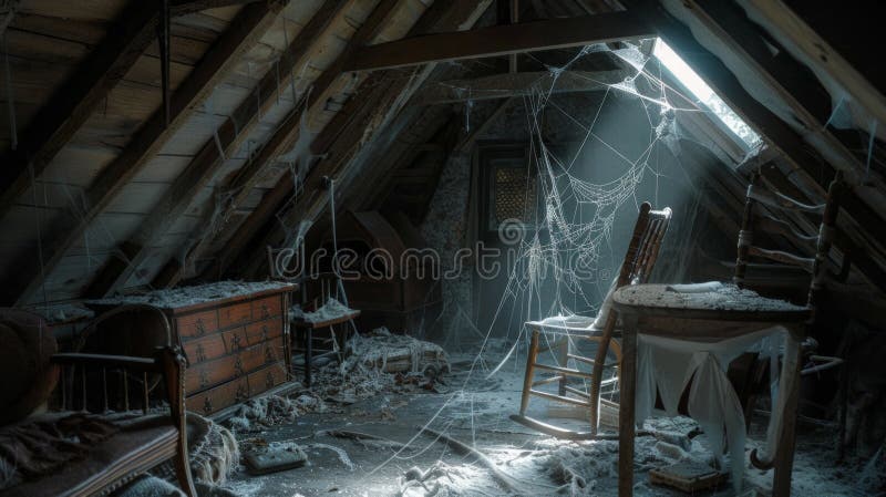 Abandoned Attic with Cobwebs and Dusty Furniture, Eerie Halloween ... Abandoned Attic with Cobwebs and Dusty Furniture, Eerie Halloween ...