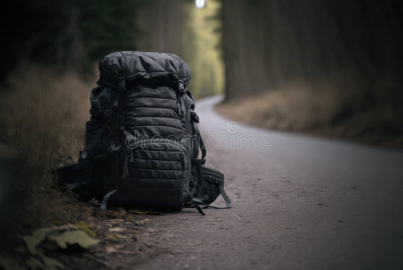 Single Backpack in the Middle of Nowhere on a Lonely Road or Path in ...