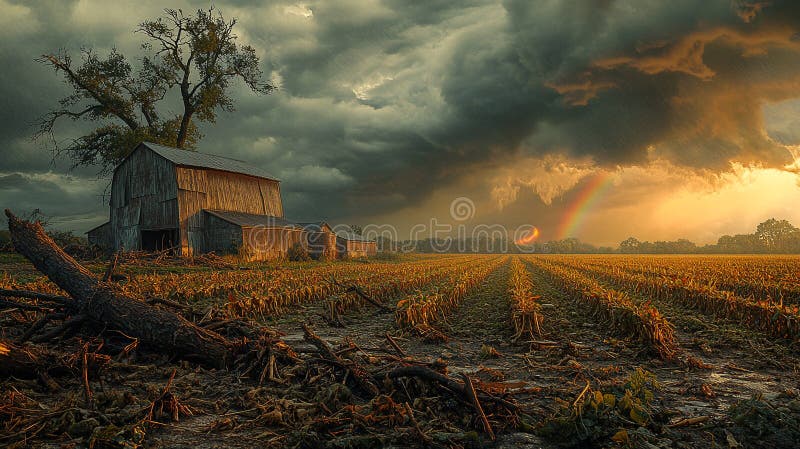 Abandoned Barn and Barren Cornfield Under Dramatic Post-storm Sunset ...