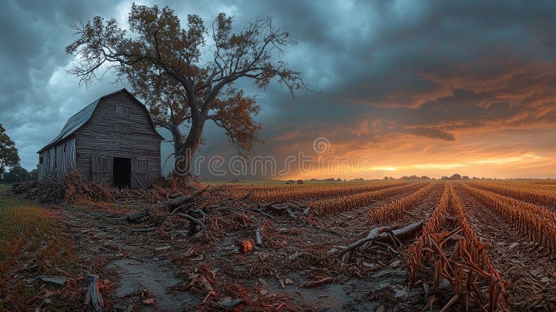 Abandoned Barn and Barren Cornfield Under Dramatic Post-storm Sunset ...