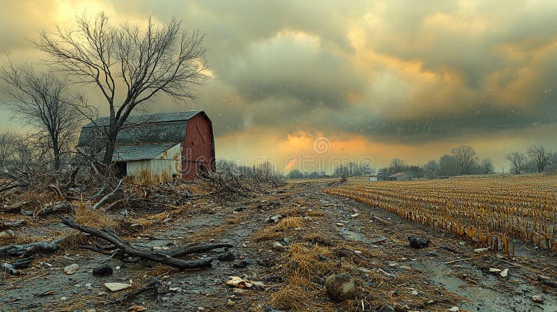 Abandoned Barn and Barren Cornfield Under Dramatic Post-storm Sunset ...