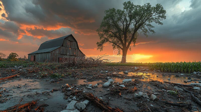 Abandoned Barn and Barren Cornfield Under Dramatic Post-storm Sunset ...